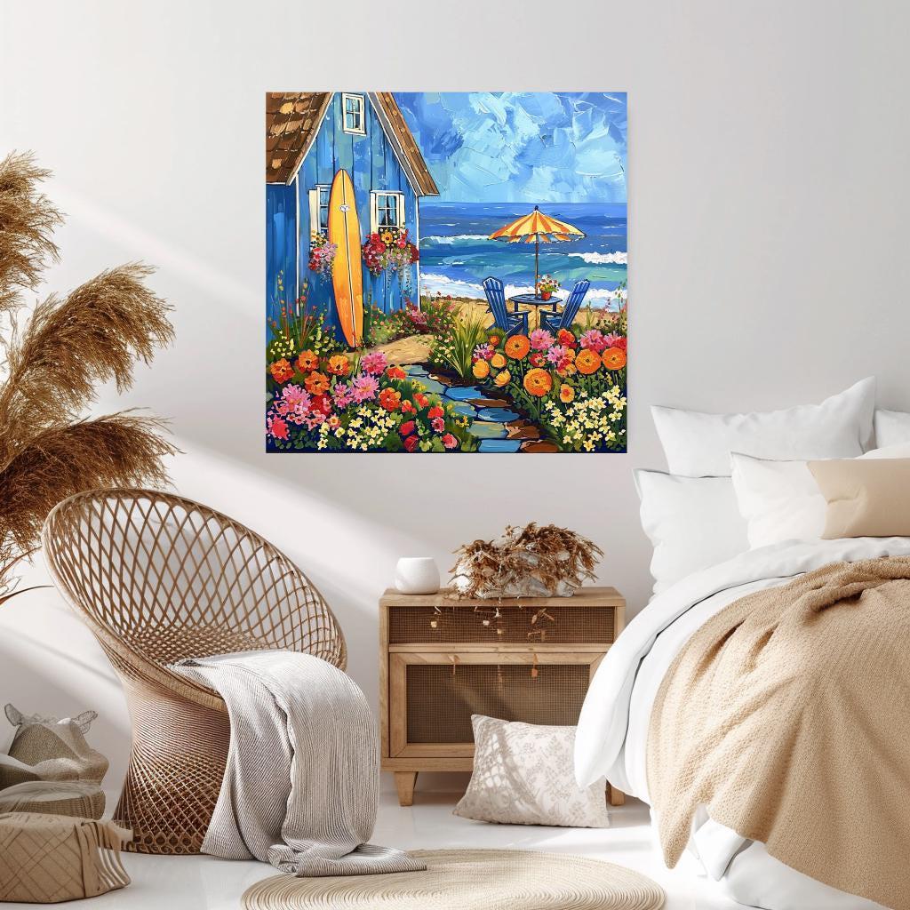 Beach House Canvas Art, Coastal Farm House With Large Porch Watercolor ...