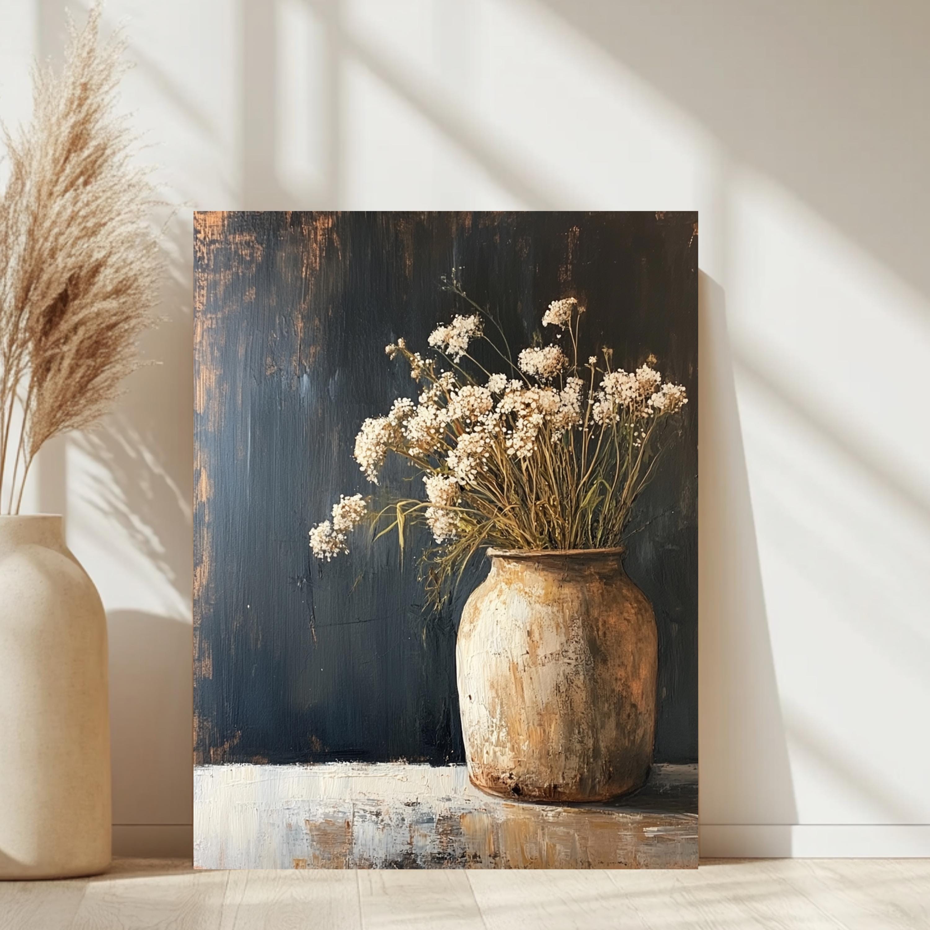 Rustic Flower Vase Wall Art, Wooden Framed Canvas, Neutral Dried ...