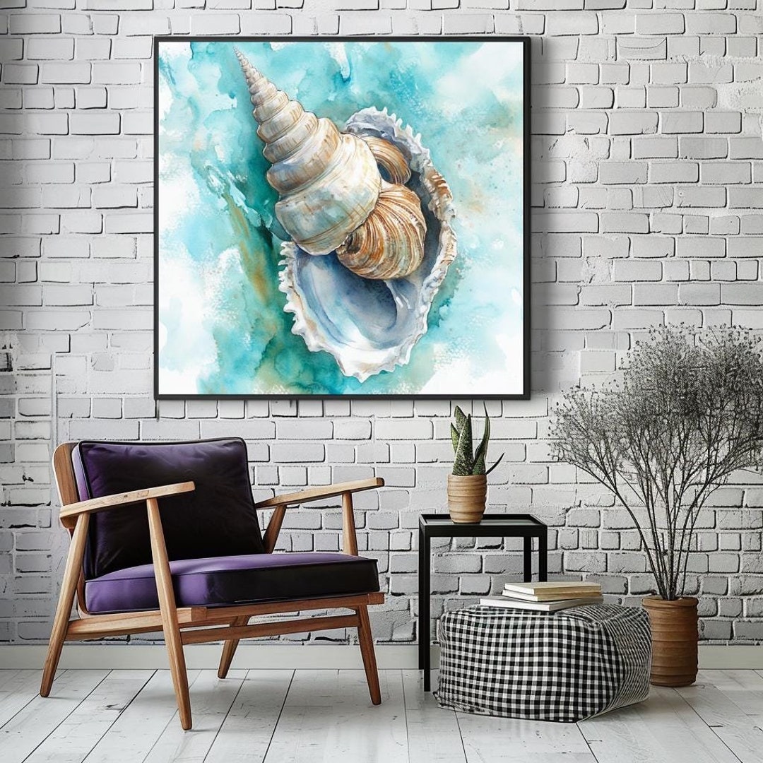 Natürliche Teal Küstenmuschel Wand Kunst Leinwand, Küsten Wand Kunst, Große Quadratische Wand ...