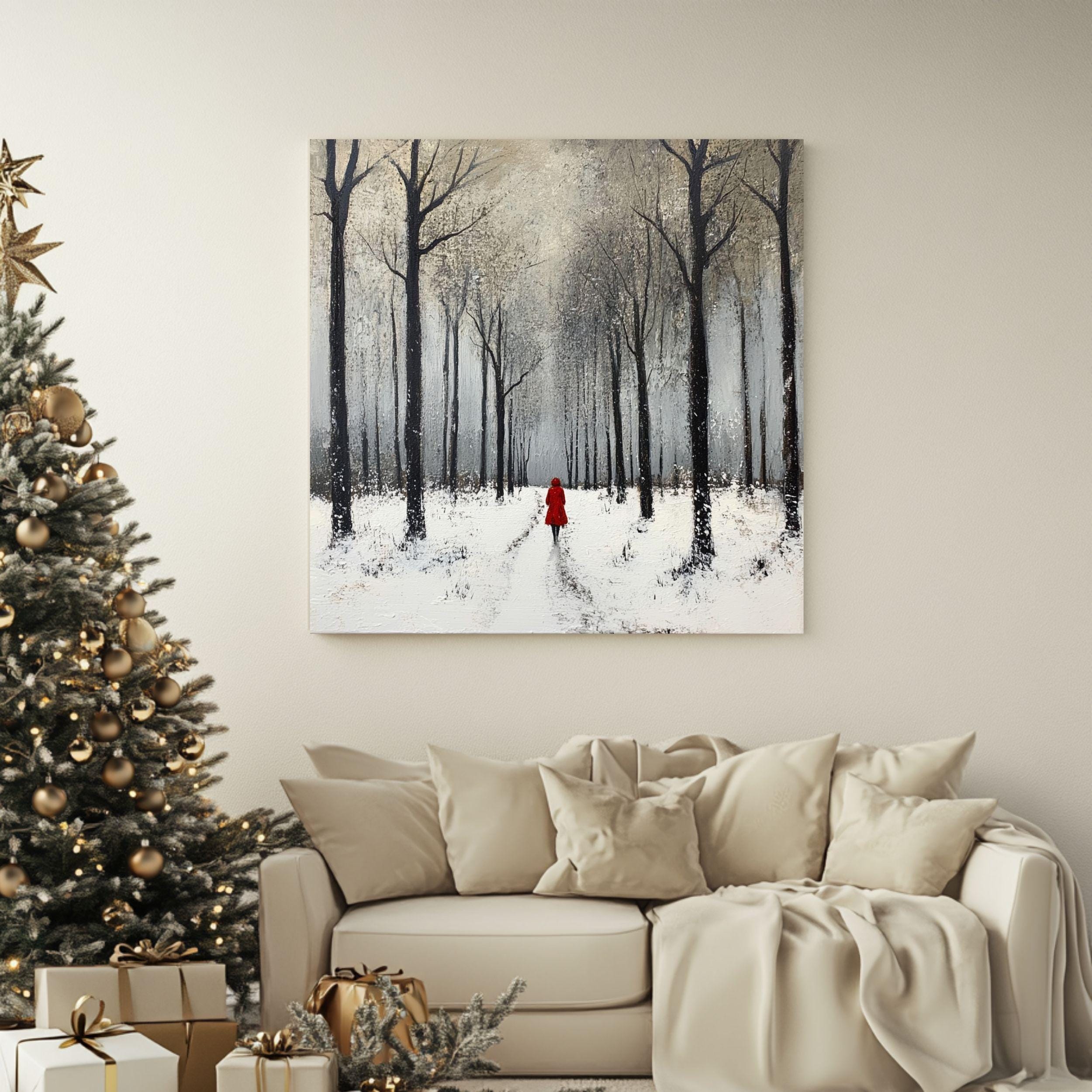 Winter Forest Scene Wall Art, Cozy Snowy Trees Black Framed Canvas Art ...