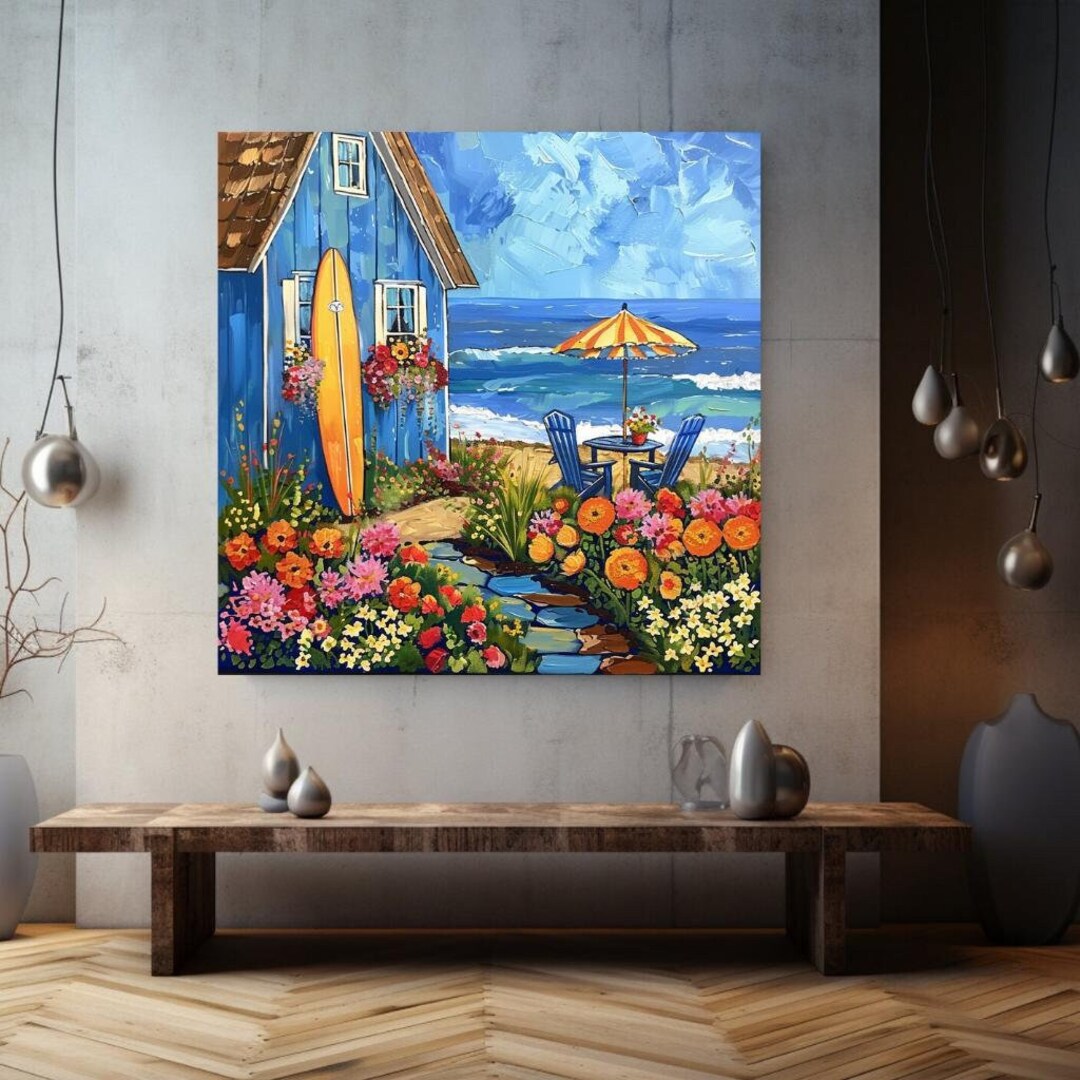 Beach House Canvas Art, Coastal Farm House With Large Porch Watercolor ...