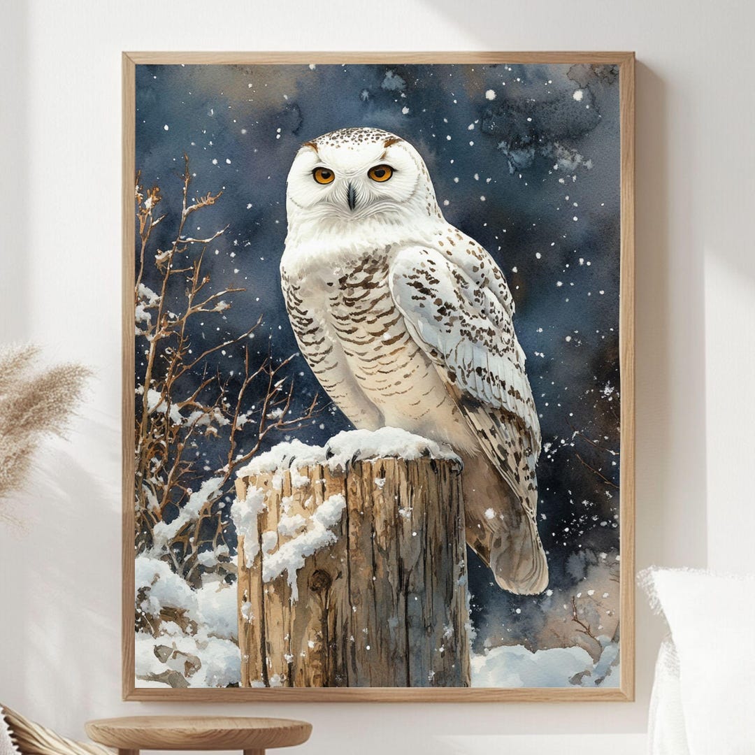 Snowy Owl Night Wooden Canvas Art, Winter Bird Wildlife Wall Decor ...
