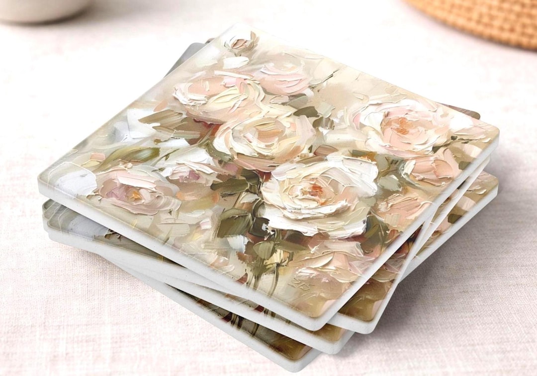 Blush Floral Coaster Set of 4, Neutral Rose Table Decor, Elegant ...