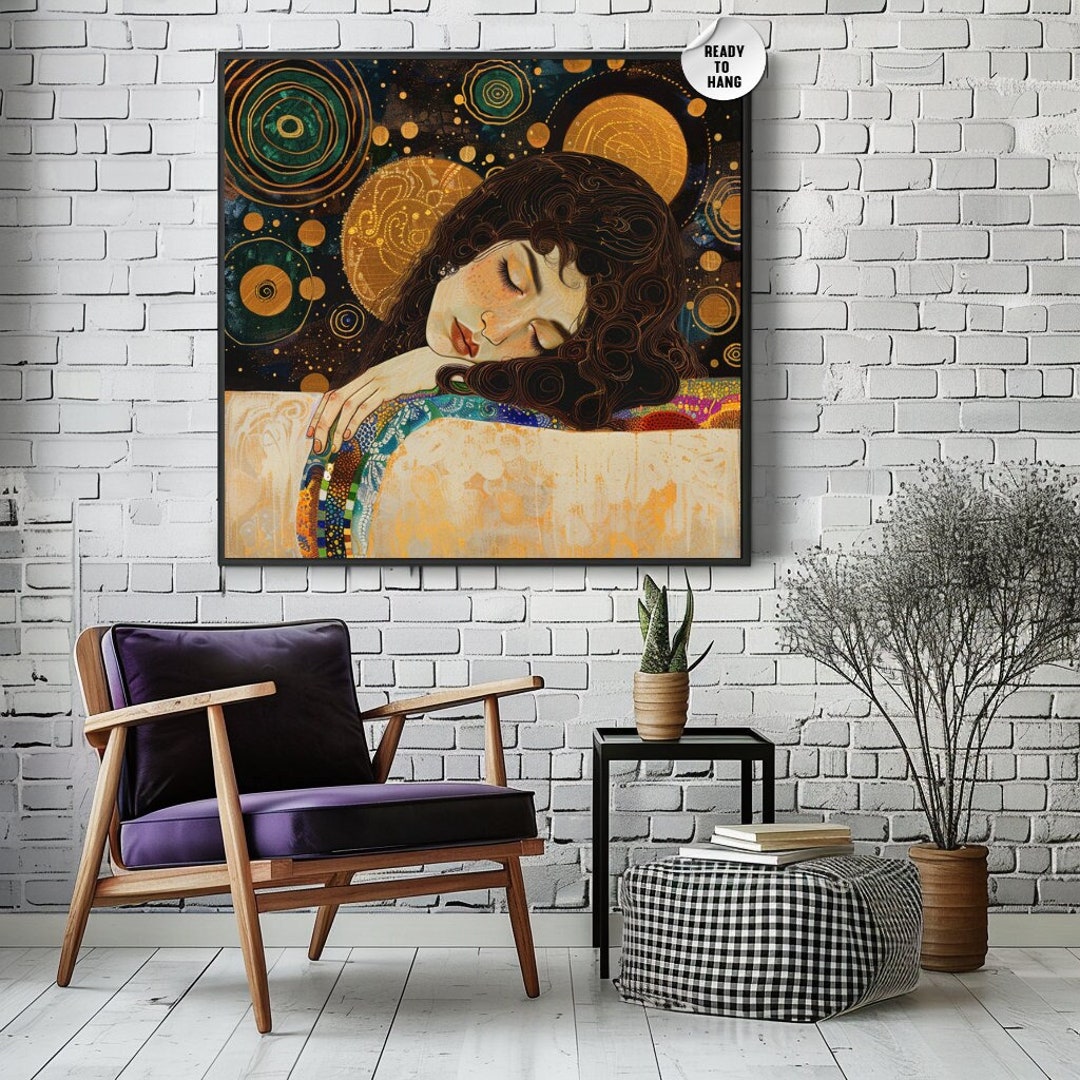 Woman Sleeping in Gustav Klimt Style Wall Art, Black Framed Art Ready ...