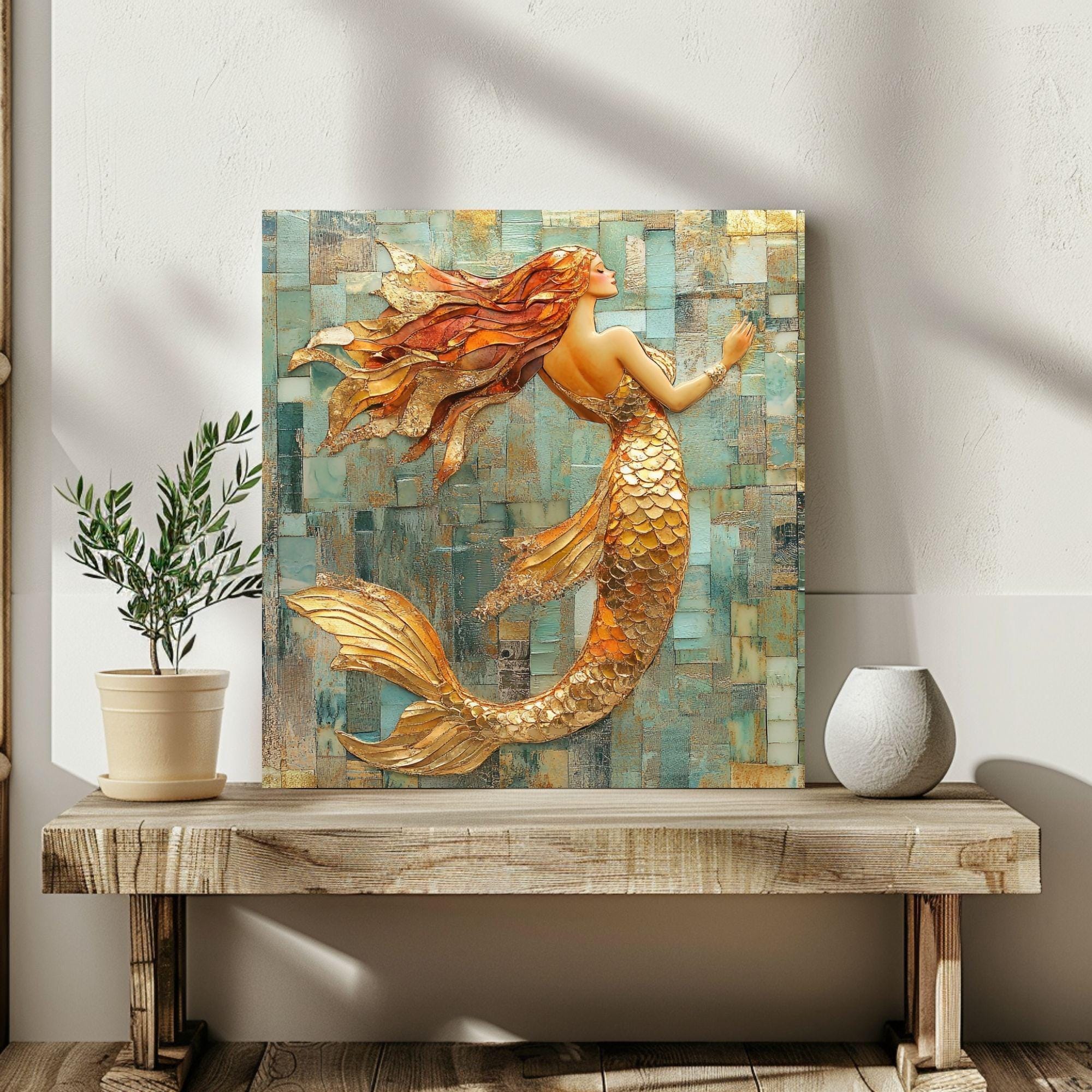 Mosaic Look Gold Mermaid Wall Art, Ocean Fantasy Decor, Elegant Mermaid ...