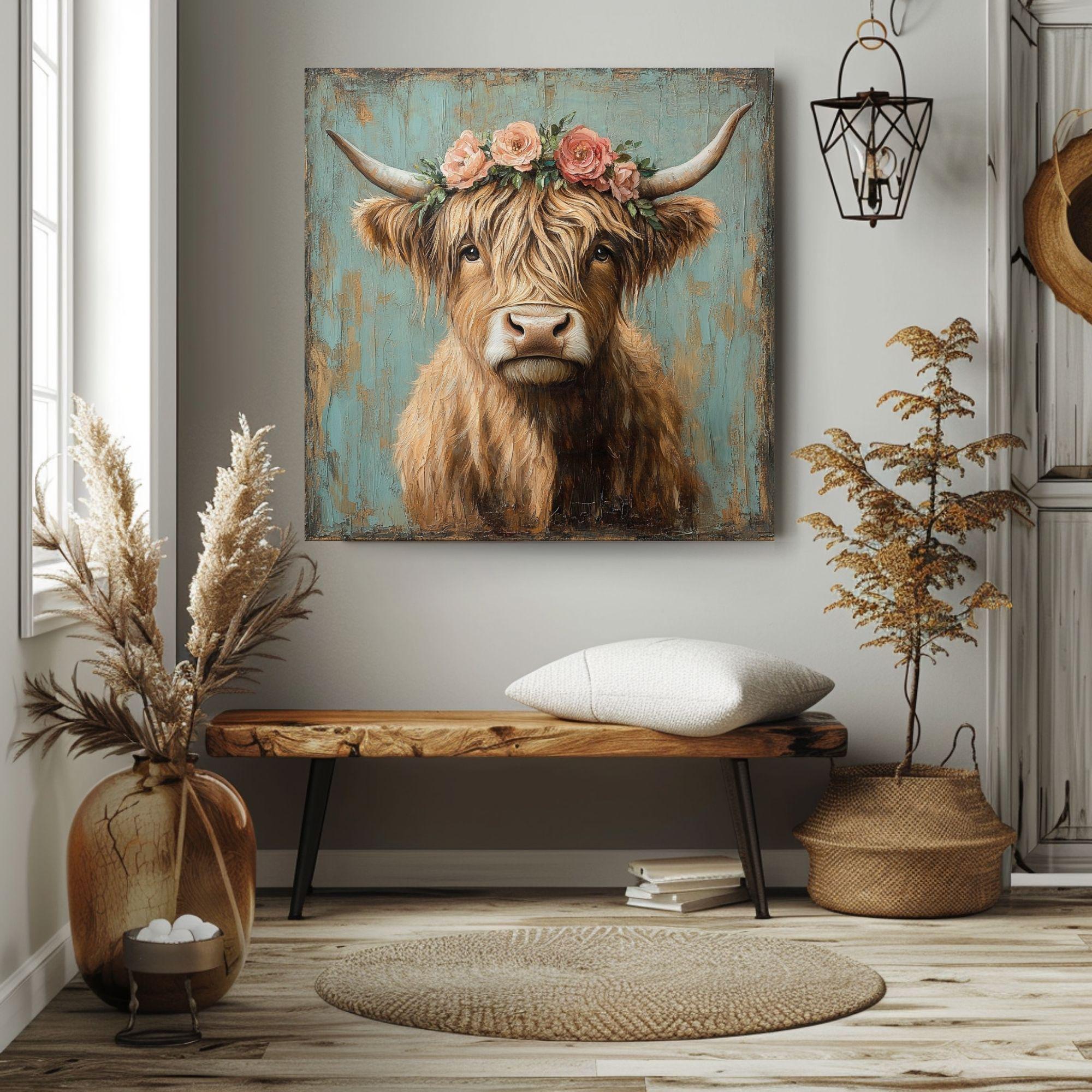 Highland Cow Wall Art Canvas, Rustic Farmhouse Decor Print, Extra Large ...