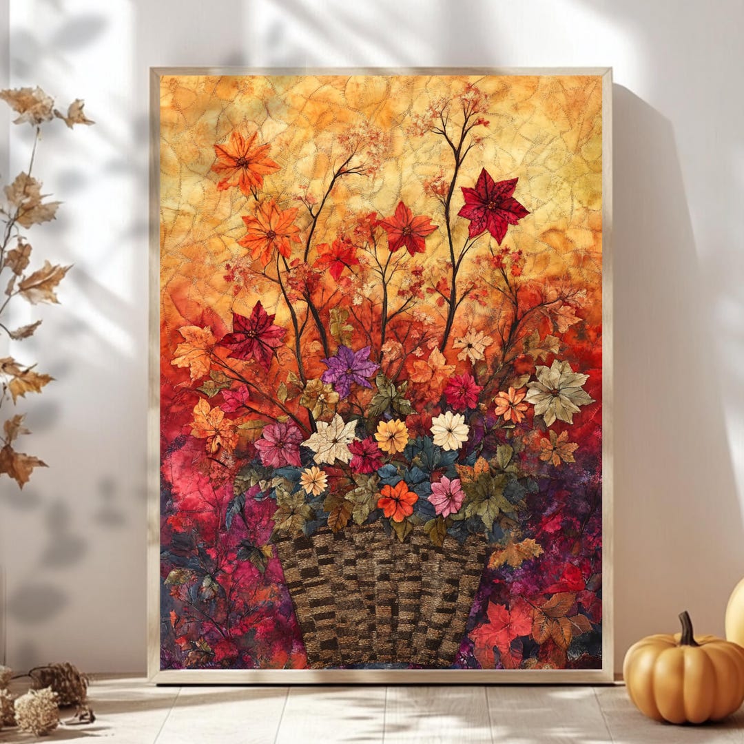 Autumn Basket Floral Wall Art, Wooden Framed Canvas, Colorful Fall ...