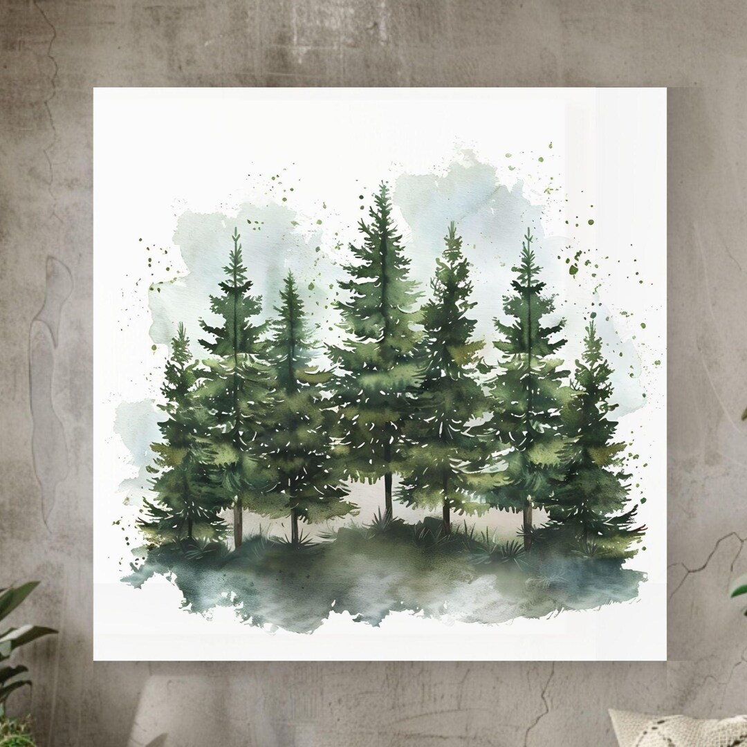 Watercolor Pine Tree Forest Canvas Art, Woodland Poster, Tranquil ...