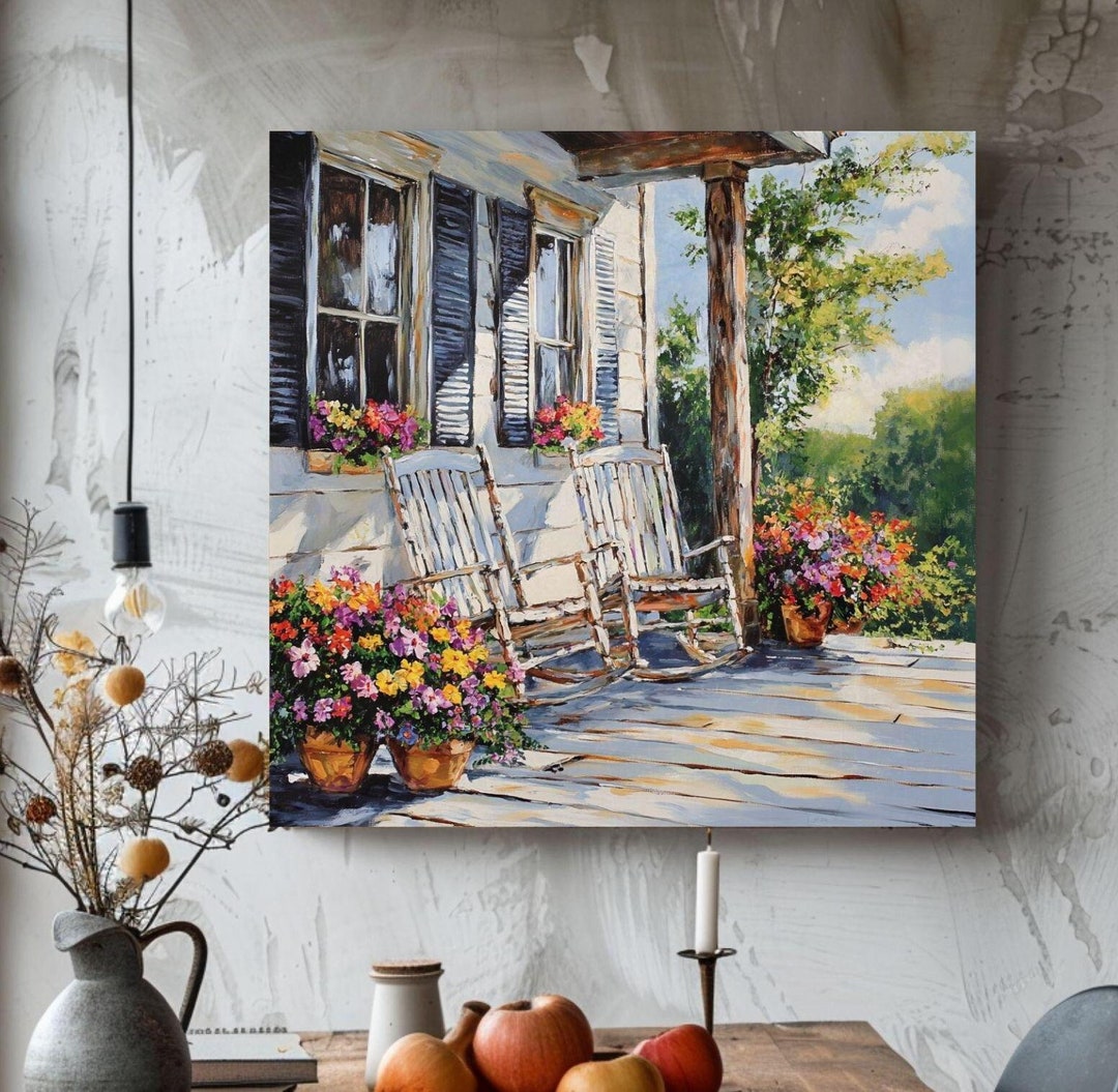 Fall Farmhouse Porch Canvas, Framed Autumn Country Canvas, Rustic Front ...
