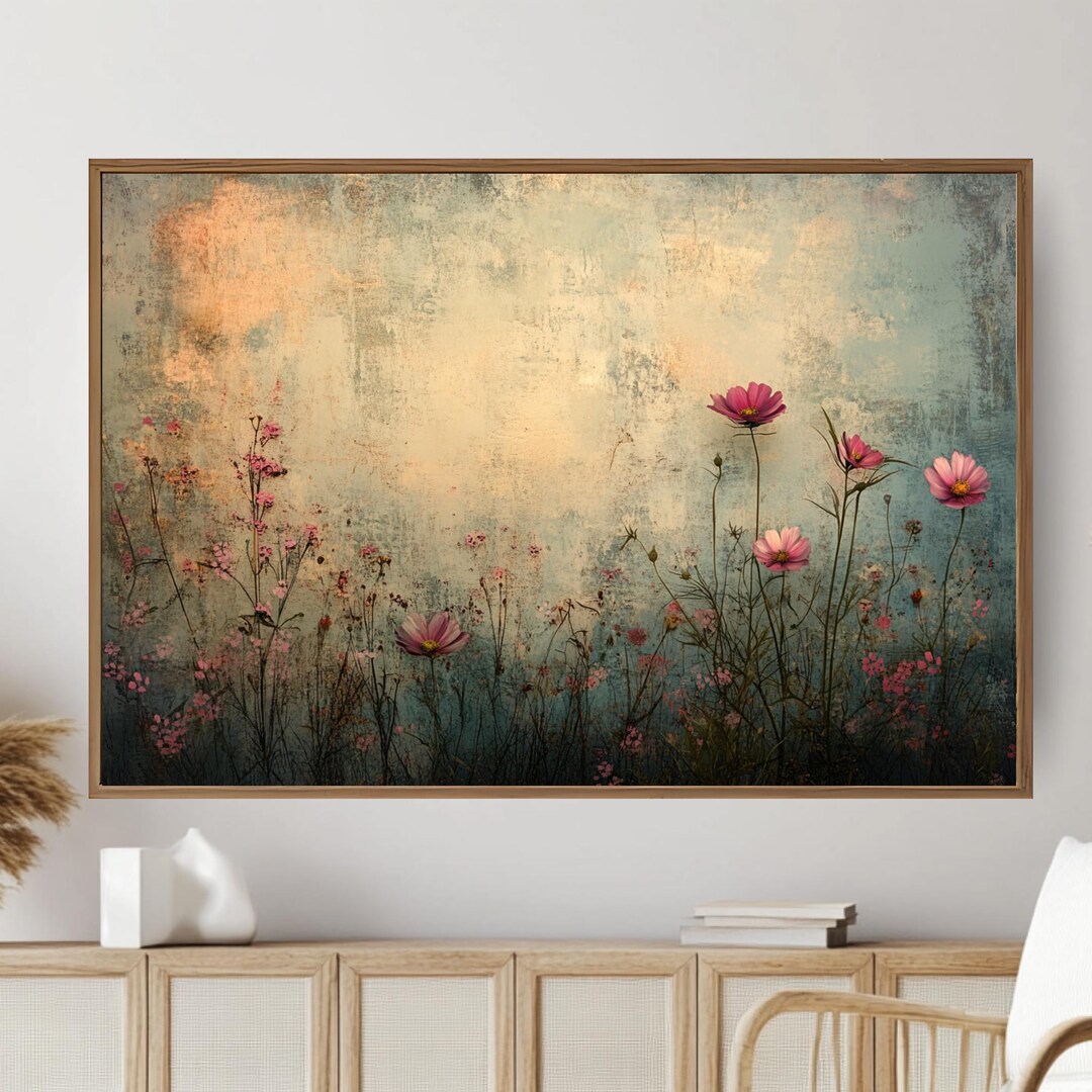 Moody Wildflower Garden Wooden Framed Canvas, Muted Floral Field Wall ...