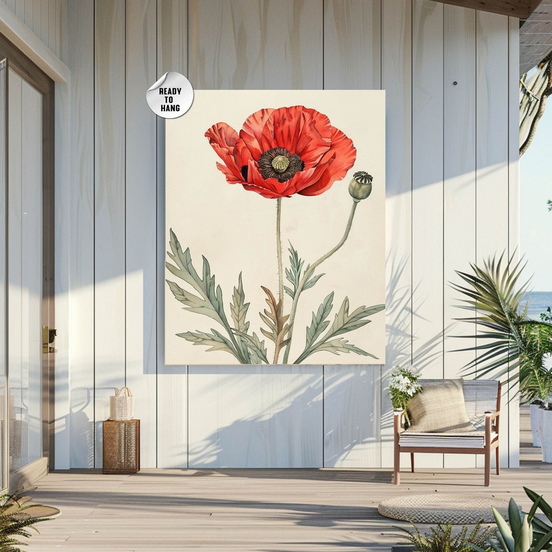 Red Poppy Illustration Canvas, Poppy Flower Art, Red Poppy Wall Art ...