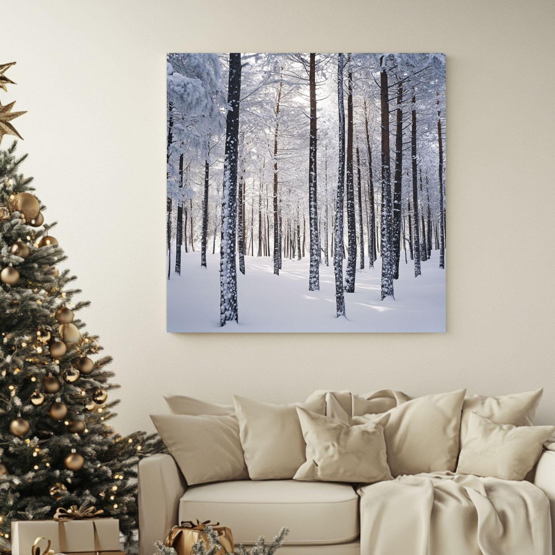 Snowy Forest Scene Canvas Wall Art, Cozy Winter Trees Poster, Serene ...