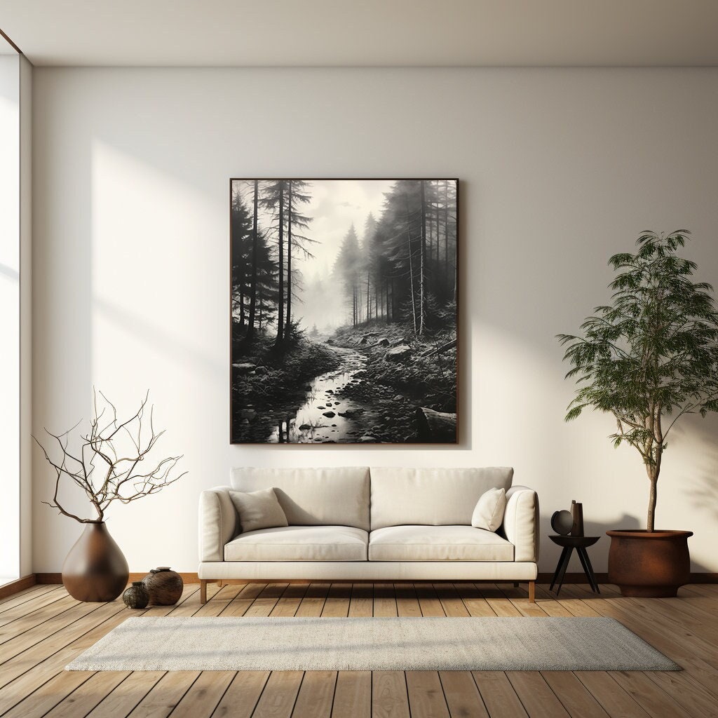 Black and White Misty Forest Canvas Wall Art, Black Framed Wall Art ...