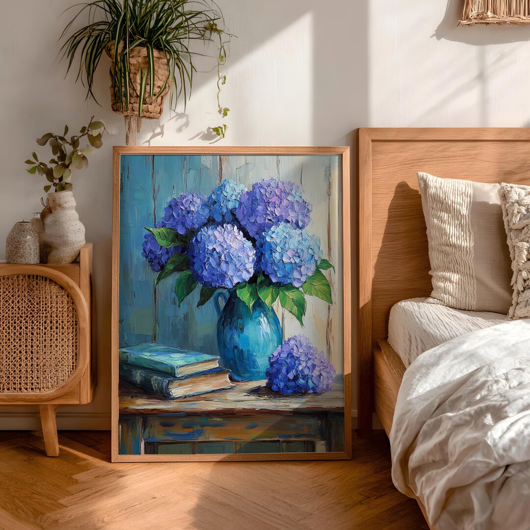 Blue Hydrangea Wall Art, Vintage Floral Still Life Print, Cottage ...