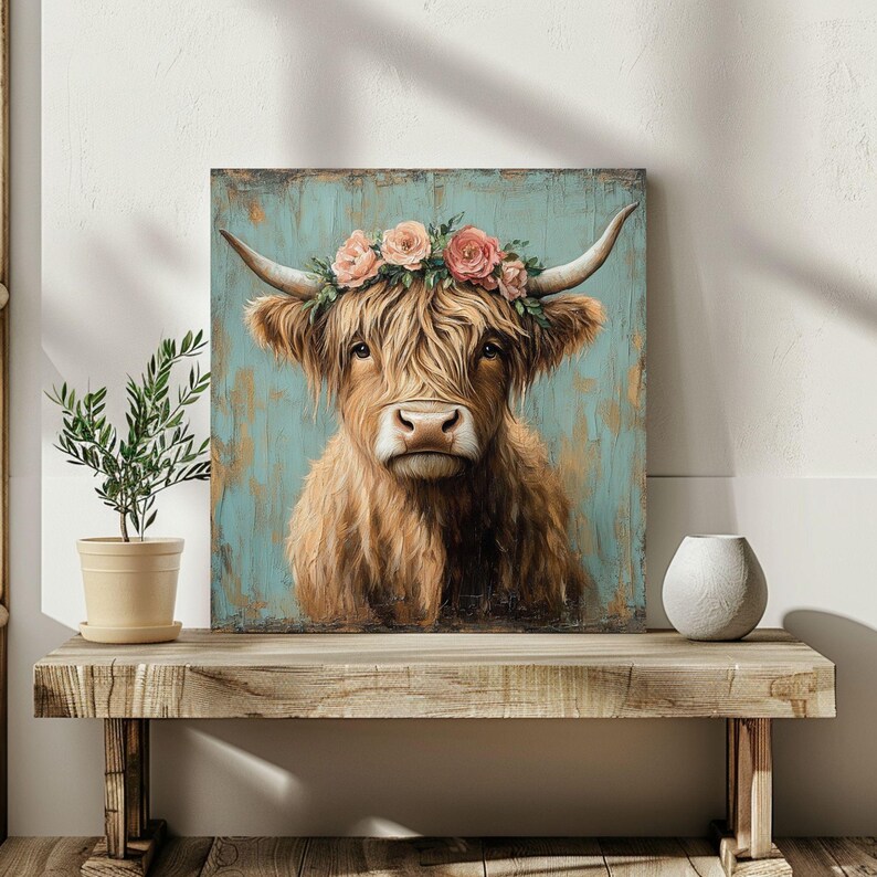 Highland Cow Wall Art Canvas, Rustic Farmhouse Decor Print, Extra Large ...