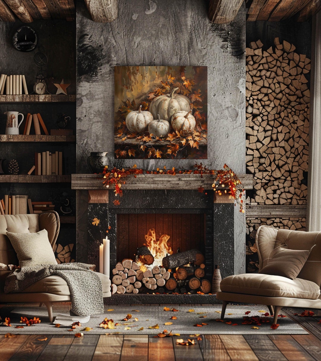 White Pumpkin and Autumn Leaves Still Life Canvas Art, Fall Home Decor ...