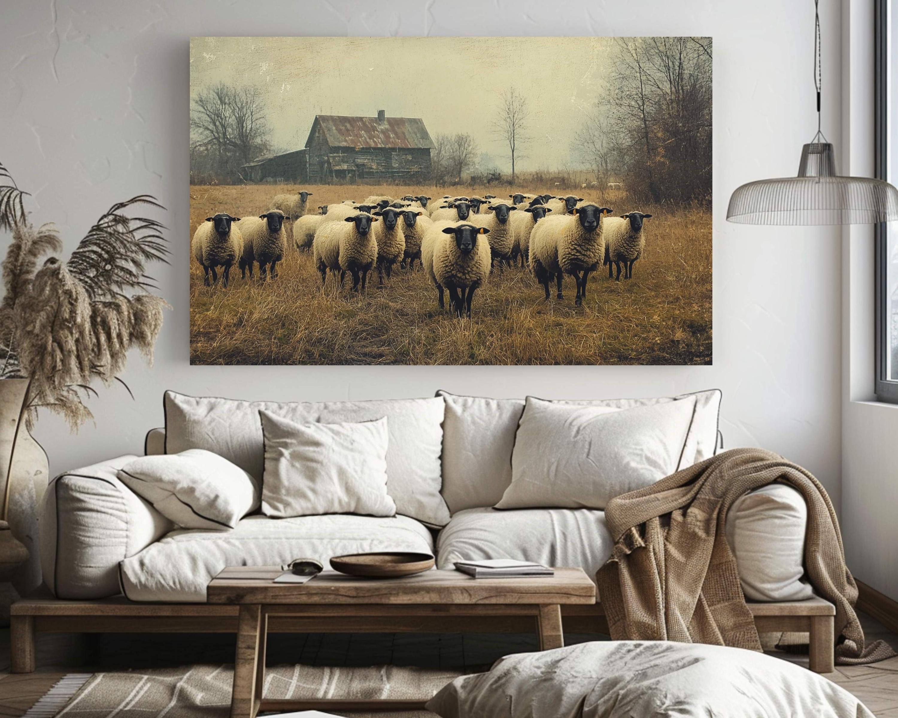 Vintage Barn and Sheep Wall Art Print, Rustic Farm Scene, Country ...
