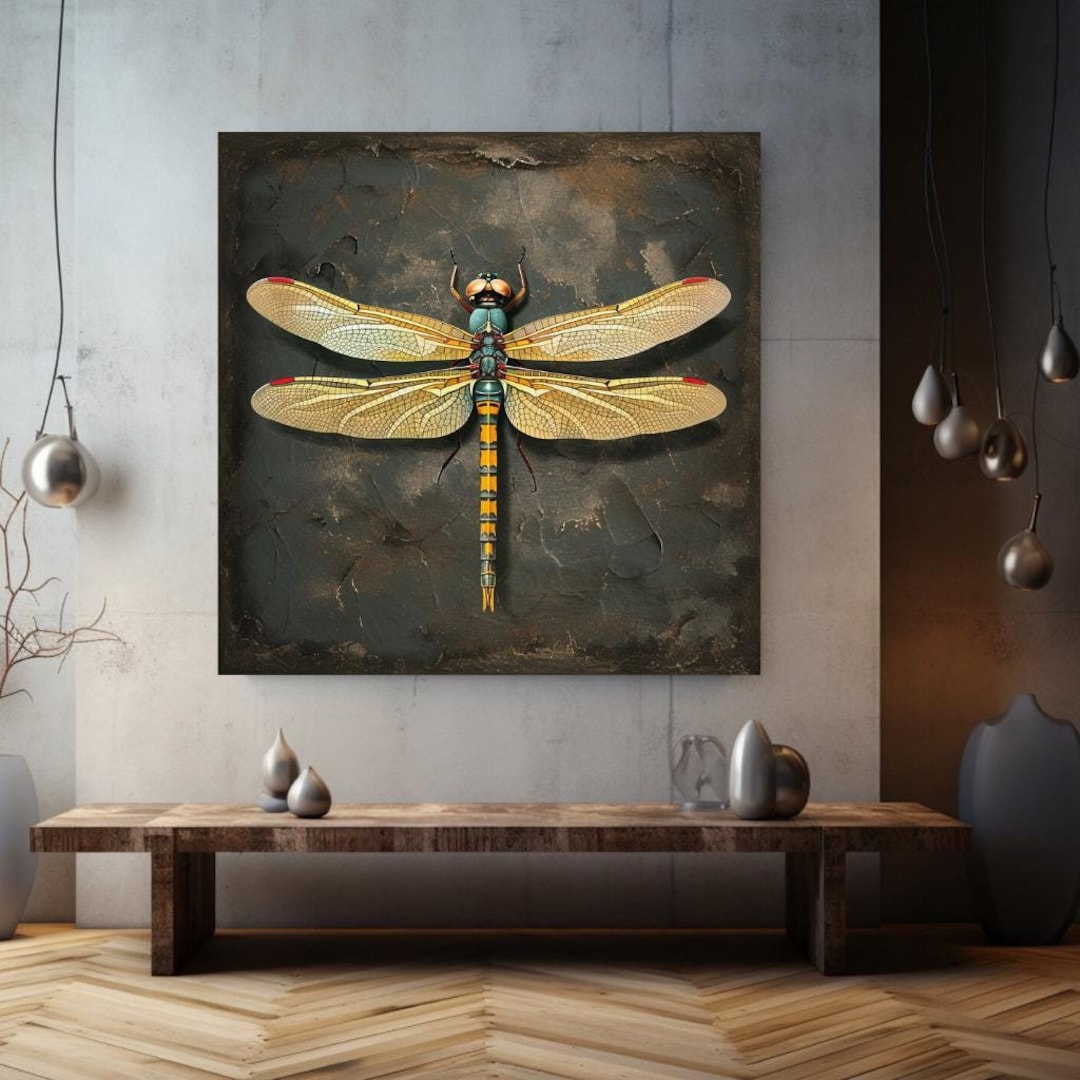 Vintage Dragonfly Canvas Wall Art, Garden Dragonfly Painting, Dragonfly ...