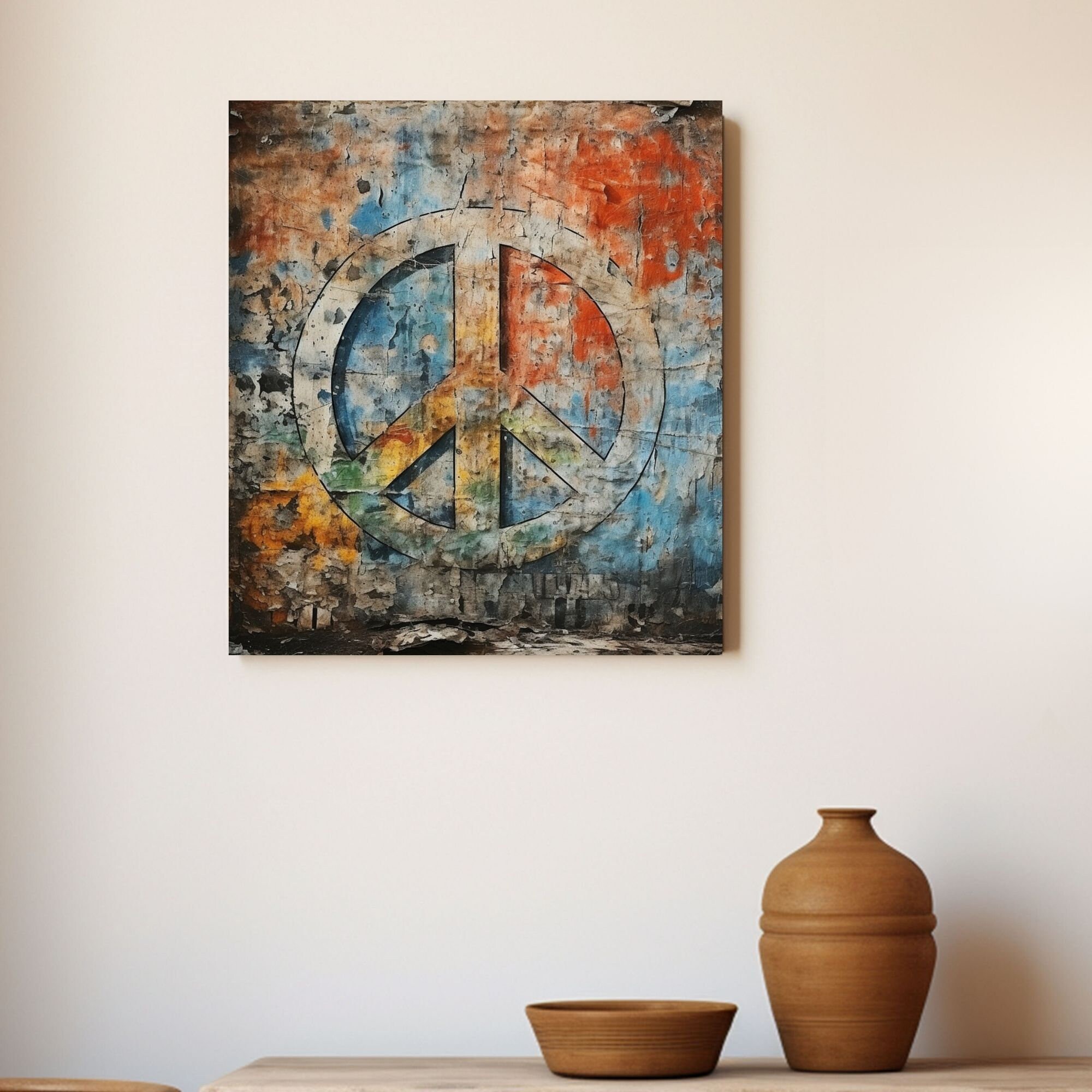 Graffiti Peace Sign Ready to Hang Wall Decor, Vintage Boho Wall Art ...