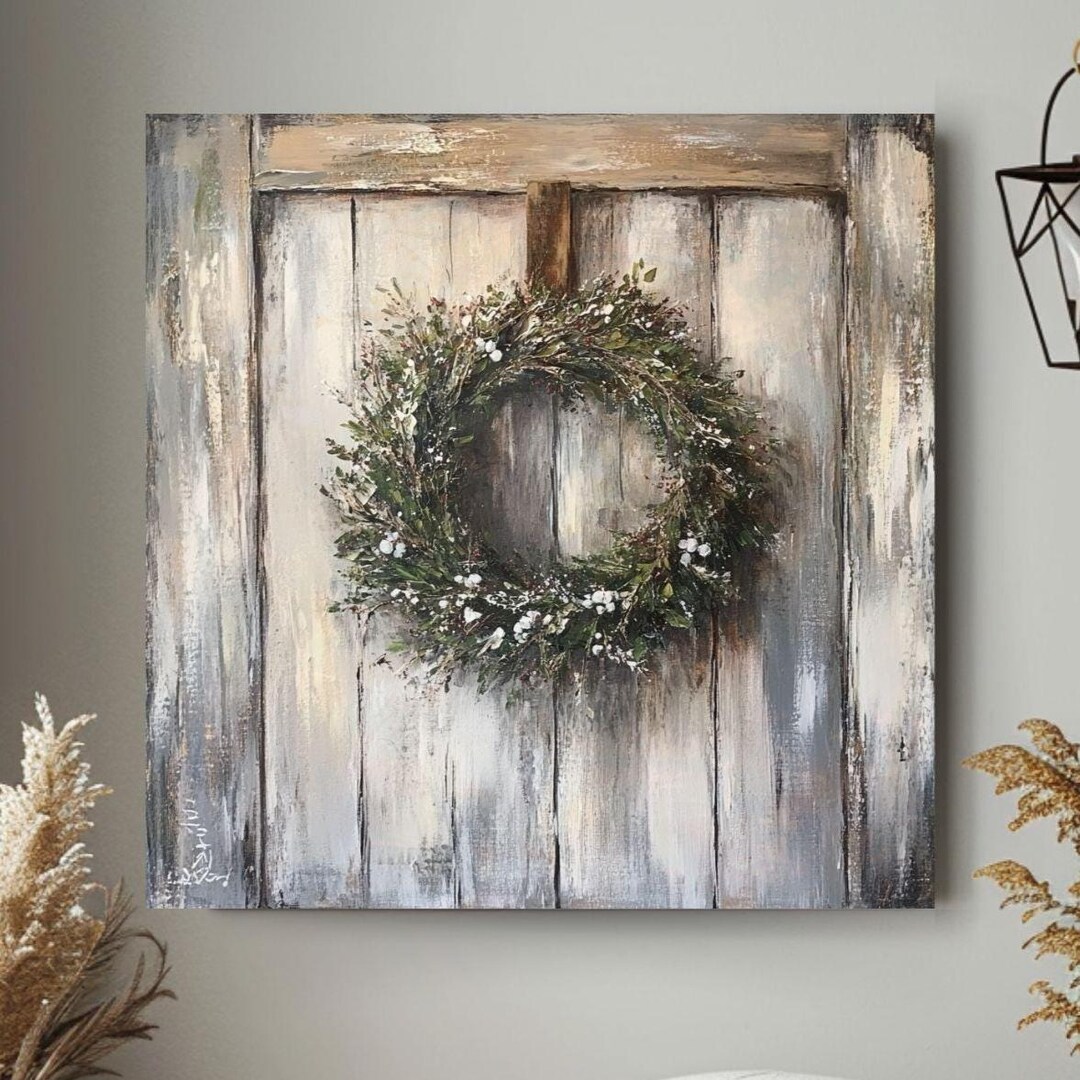 Christmas Wreath Canvas Wall Art, Farmhouse Holiday Print, Winter Door ...