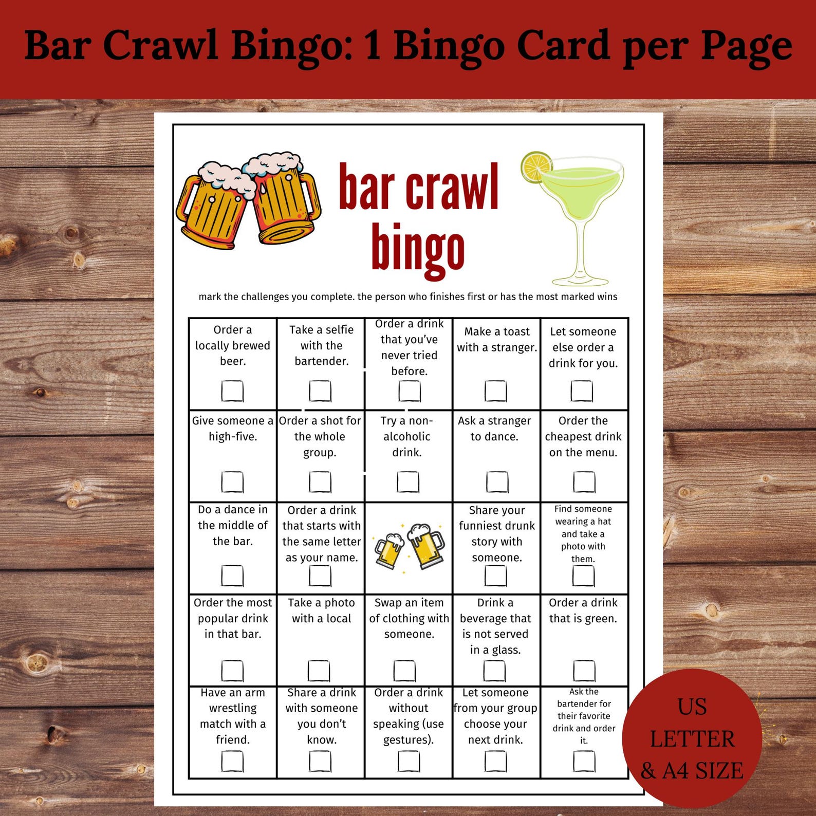 Bar Crawl Bingo Printable, Fun Bar & Pub Crawl Games, Bar Scavenger ...