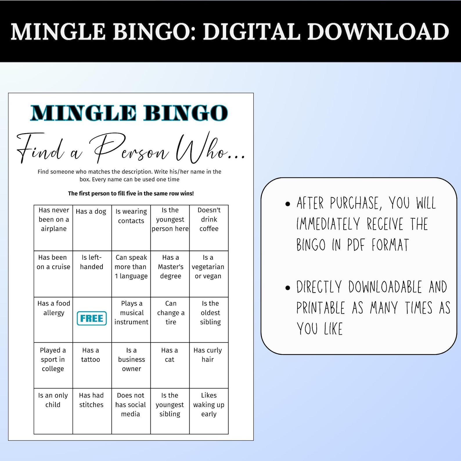 50 Cards Mix and Mingle Bingo, Get to Know You Questions, Find Someone ...
