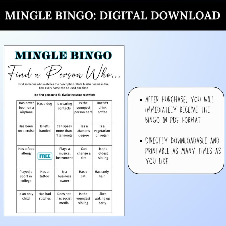 50 Cards Mix and Mingle Bingo, Get to Know You Questions, Find Someone ...