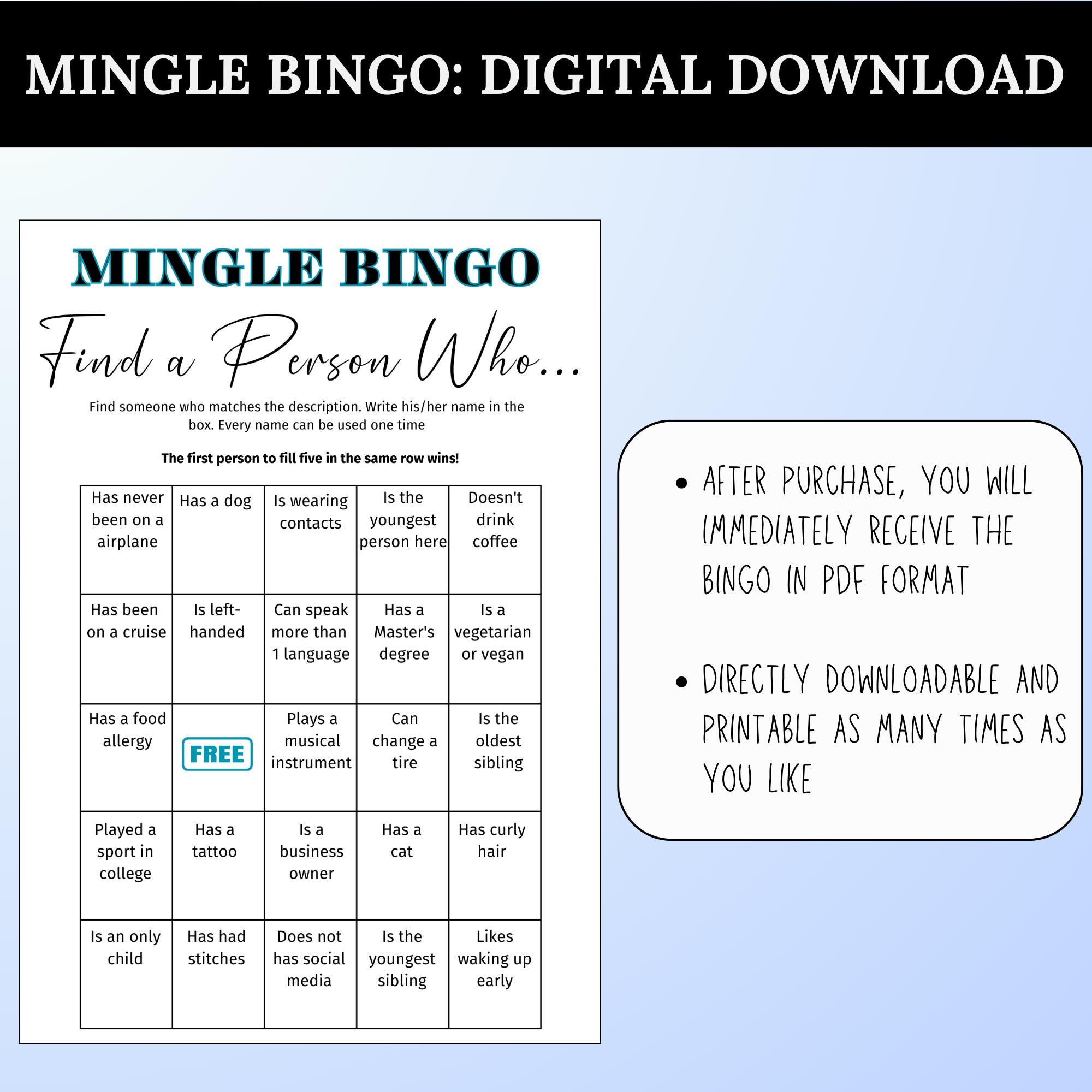 50 Cards Mix and Mingle Bingo, Get to Know You Questions, Find Someone ...