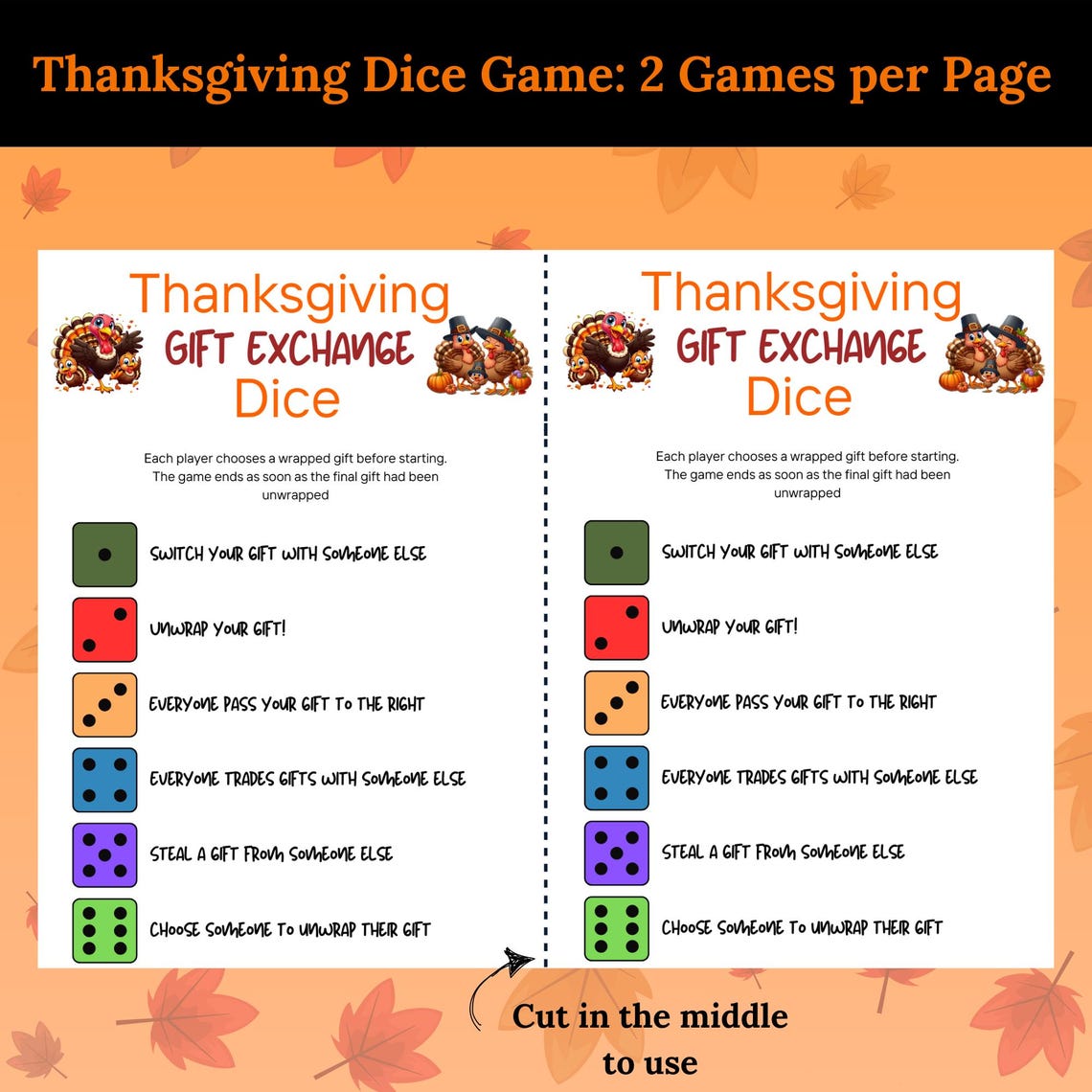 Thanksgiving Dice Game, Fun Printable Gift Exchange for Thanksgiving ...
