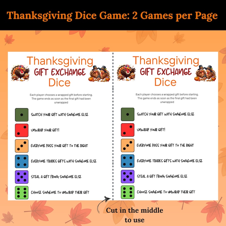 Thanksgiving Dice Game, Fun Printable Gift Exchange for Thanksgiving ...
