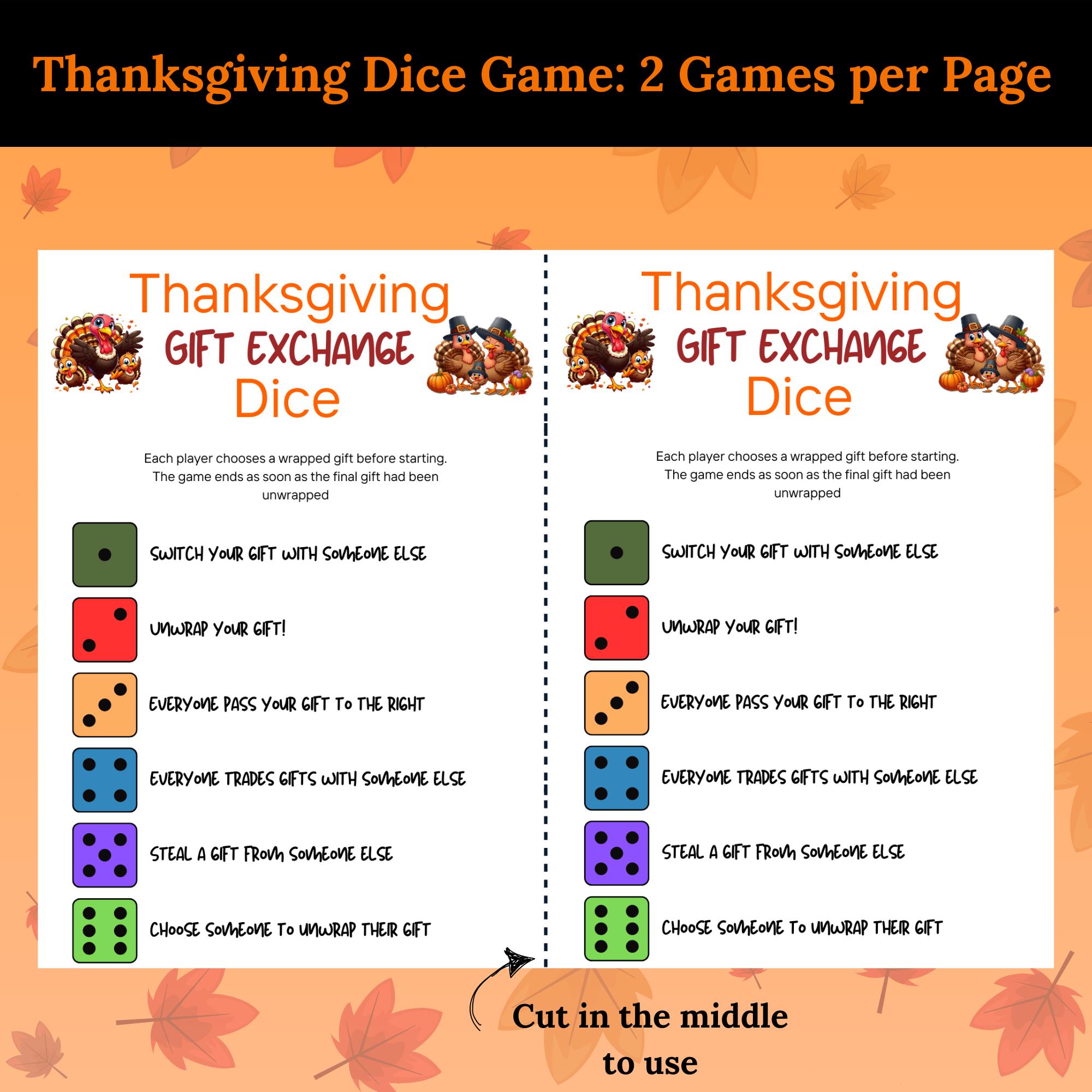 Thanksgiving Dice Game, Fun Printable Gift Exchange for Thanksgiving ...