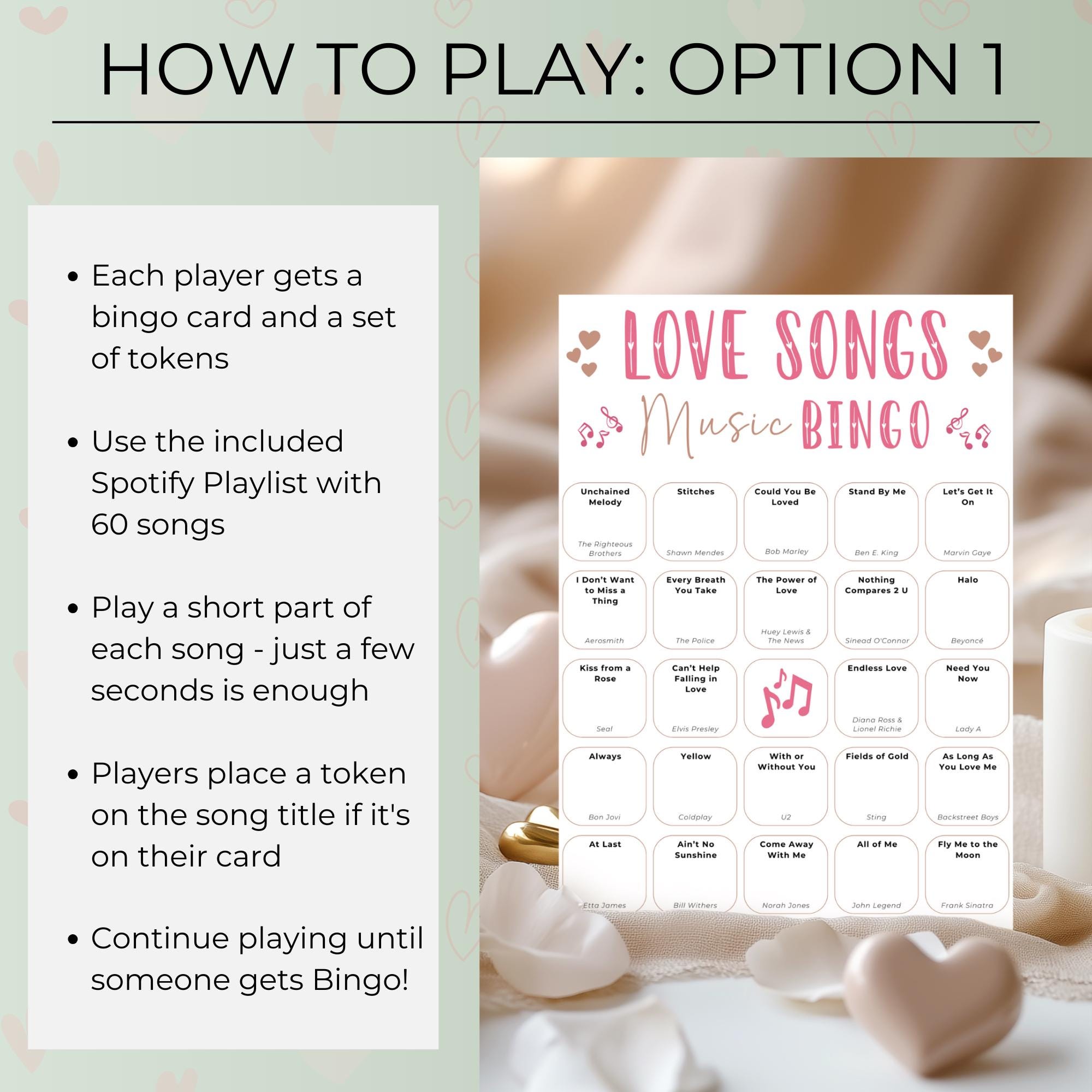 Love Songs Music Bingo, Romantic Playlist Game for Valentine's Day, 100 ...