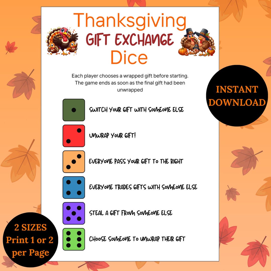 Thanksgiving Dice Game, Fun Printable Gift Exchange for Thanksgiving ...