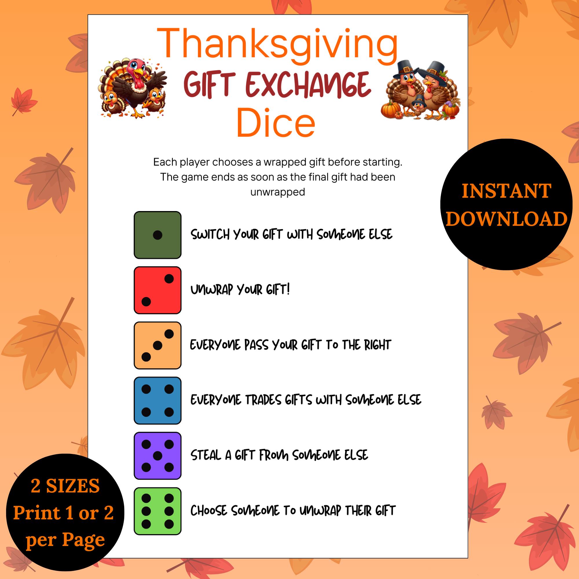 Thanksgiving Dice Game, Fun Printable Gift Exchange for Thanksgiving ...