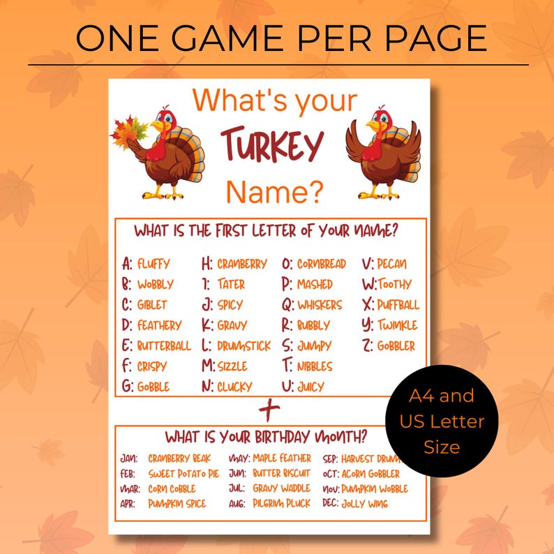 What's Your Turkey Name Game, Printable Thanksgiving Fun, Friendsgiving ...