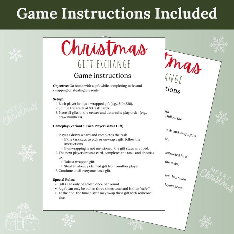 Christmas Yankee Swap Game - 60 Gift Exchange Cards + 12 Blank Cards ...