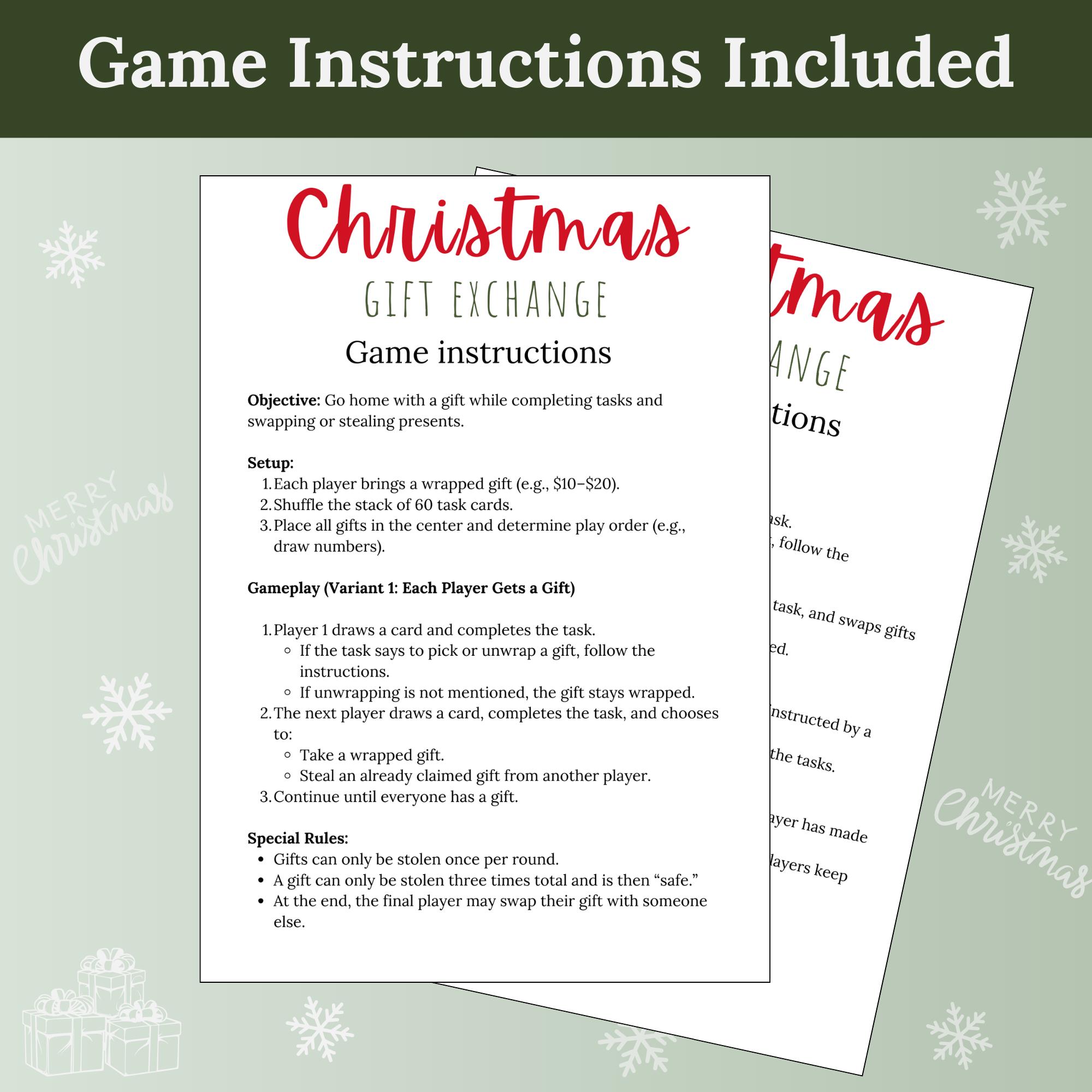 Christmas Yankee Swap Game - 60 Gift Exchange Cards + 12 Blank Cards ...