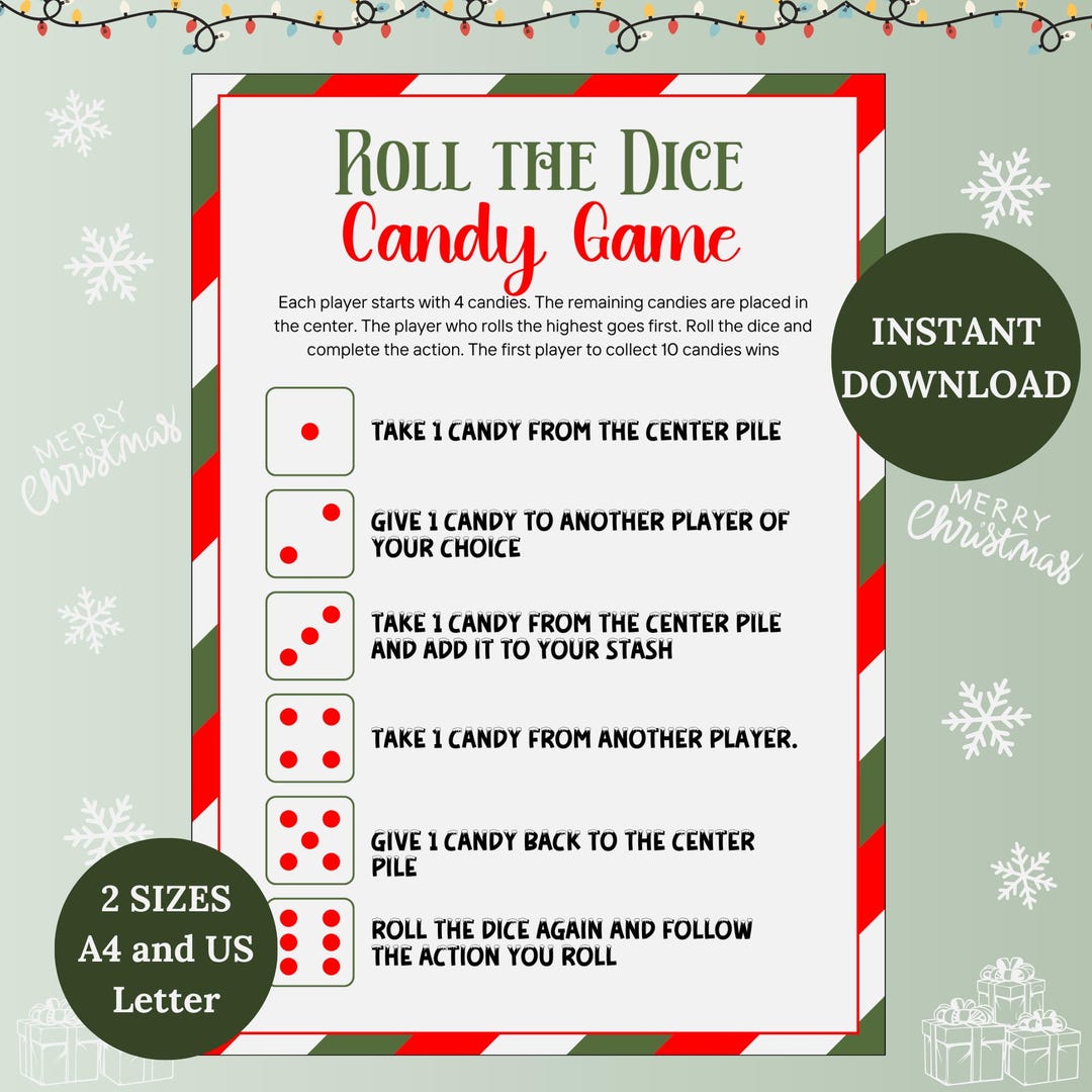 Christmas Dice Game, Fun Candy Dice Game, Printable Xmas Family Fun ...