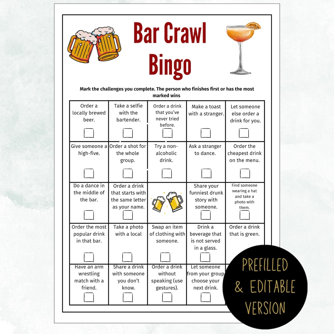 Bar Crawl Bingo – Editable Pub Crawl Bingo Game, Fun Bar Crawl ...