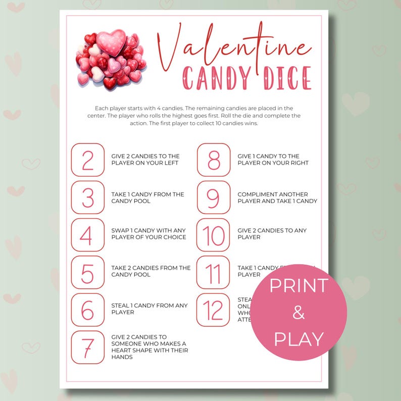 Valentine Candy Dice Game Printable, Fun Valentine Party Activity for ...