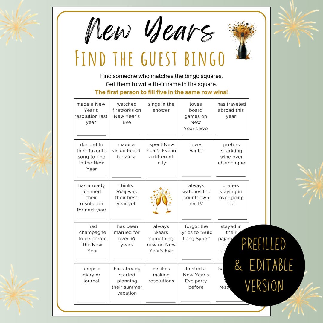 Find the Guest New Years Eve Bingo - Printable and Editable NYE ...
