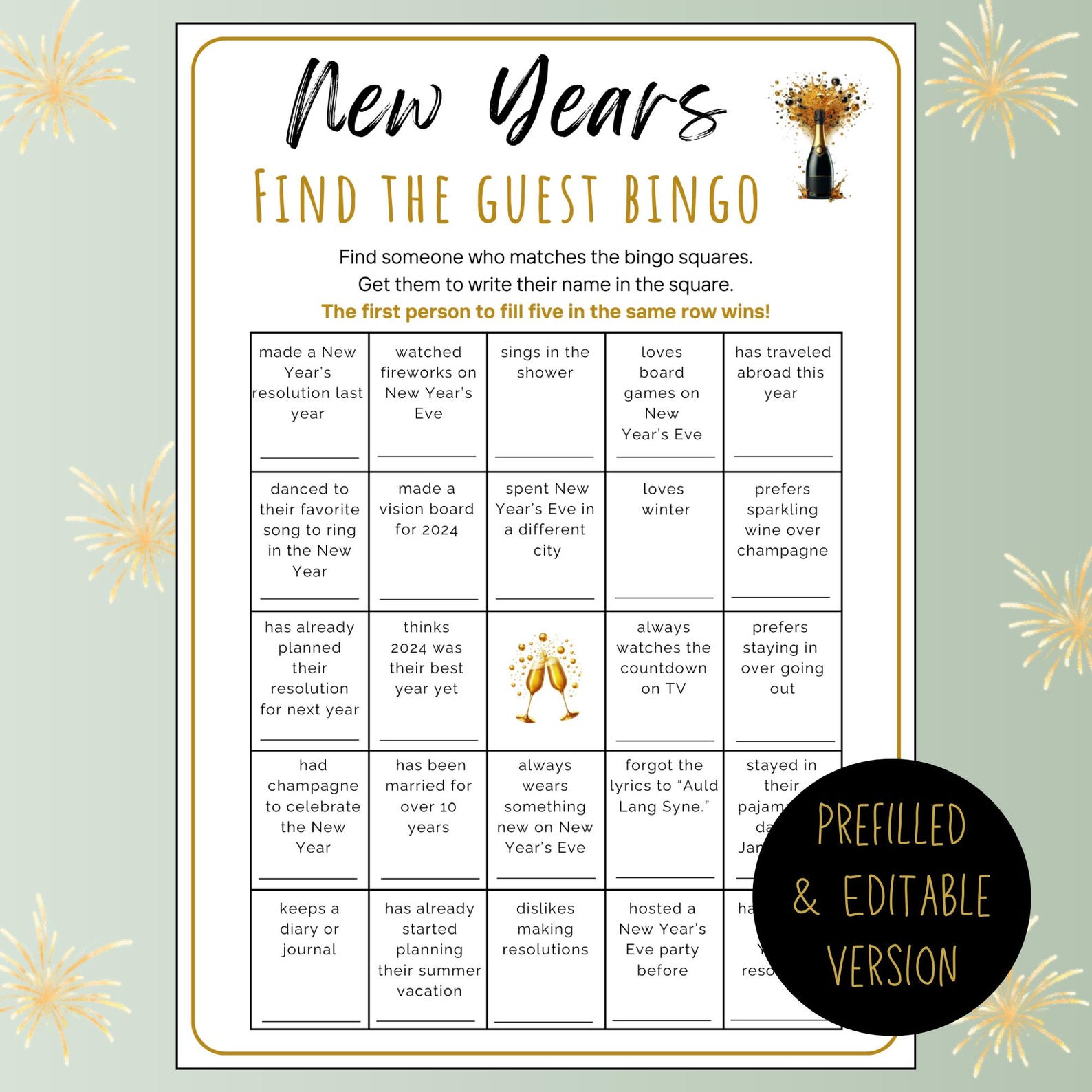 Find the Guest New Years Eve Bingo - Printable and Editable NYE ...