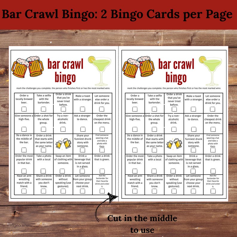 Bar Crawl Bingo Printable, Fun Bar & Pub Crawl Games, Bar Scavenger ...