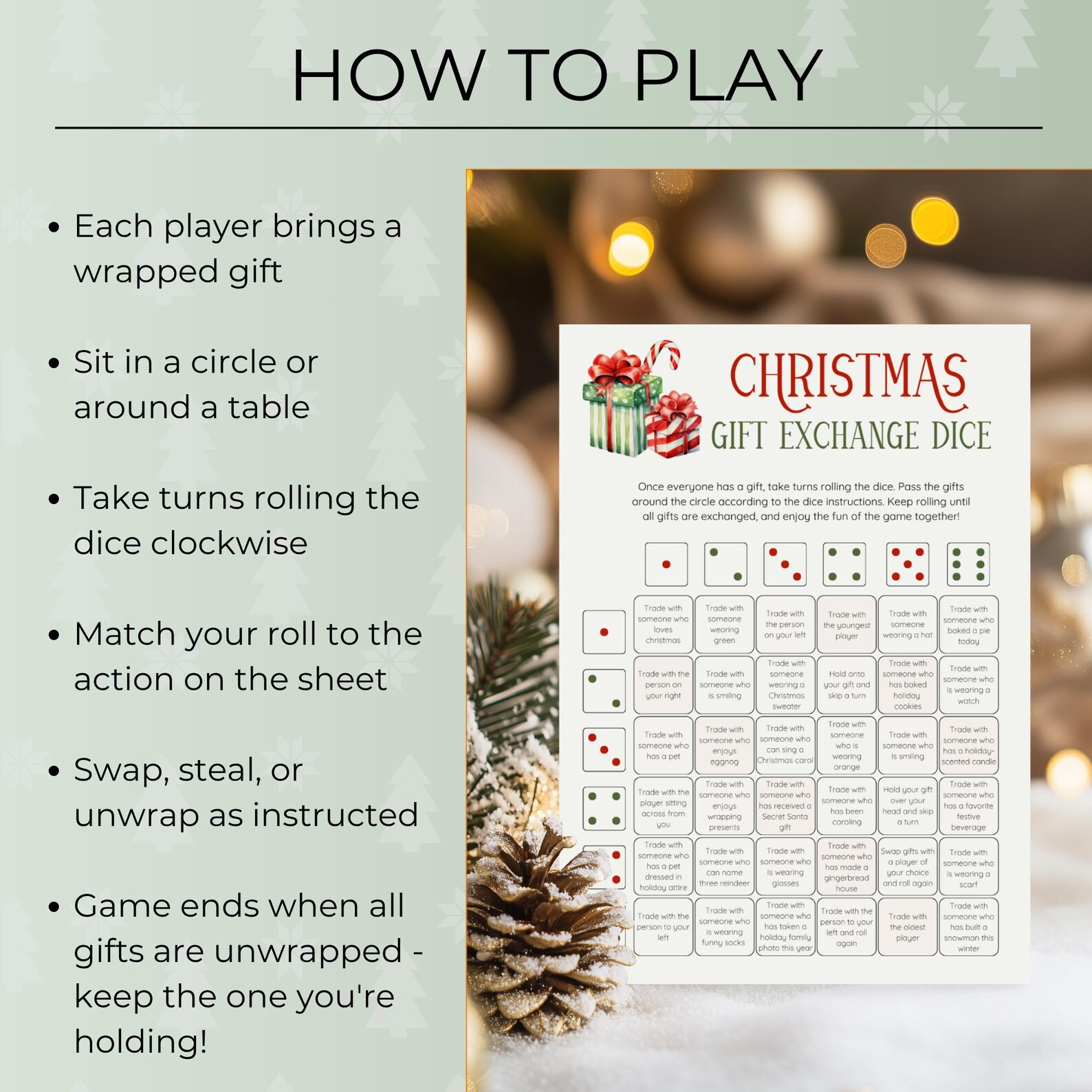 Christmas Gift Exchange Dice Game, Fun White Elephant & Xmas Family ...