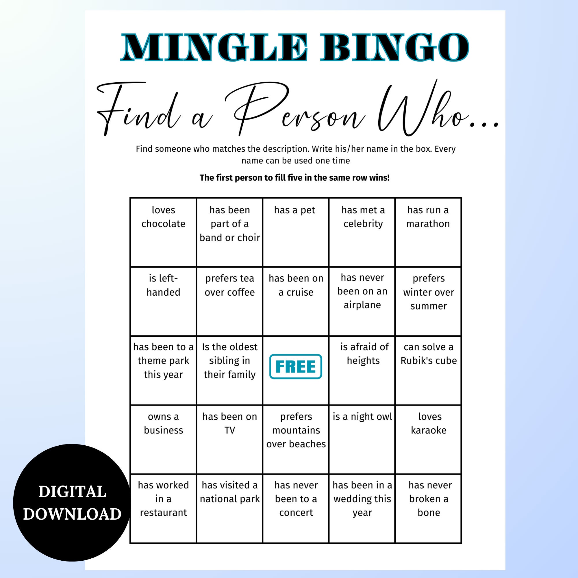 Mix and Mingle Bingo, Get to Know You Questions, Find Someone Who, Ice ...