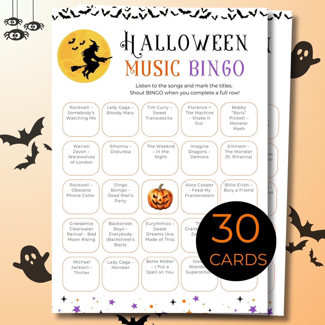 Halloween Music Bingo Printable PDF, 30 Cards + Tokens With Spotify ...