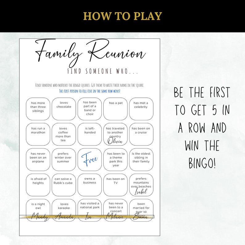 Family Reunion Bingo, Fun Family Games, Printable Bingo Cards, Find the ...