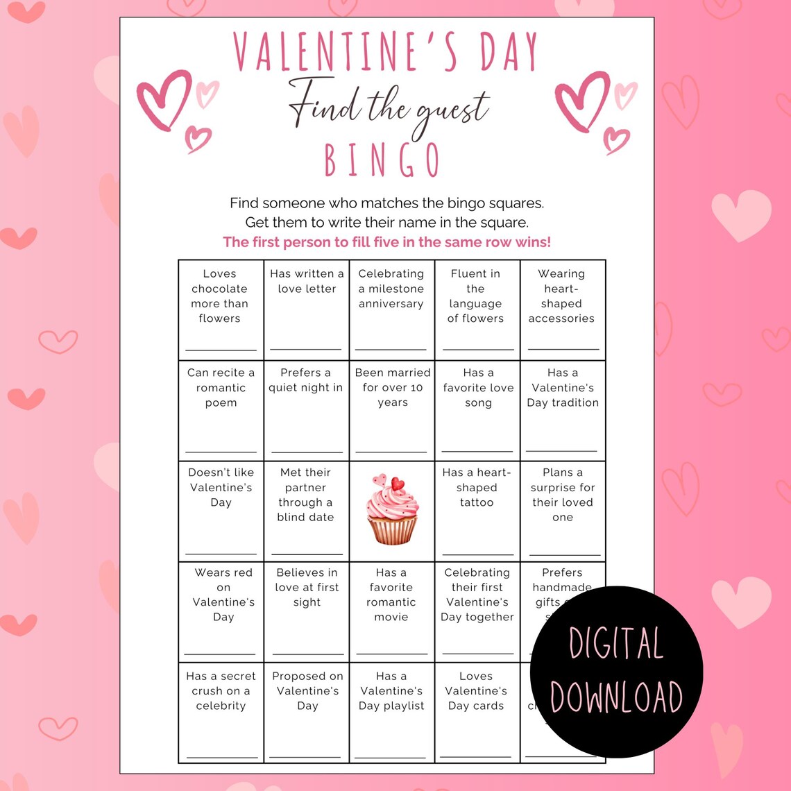 Valentines Day Bingo Printable, Find the Guest Bingo Game, Valentine ...