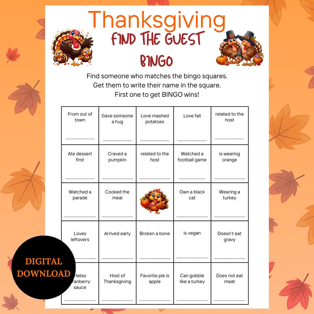 Thanksgiving Find the Guest Who Bingo Cards, Friendsgiving Games and ...