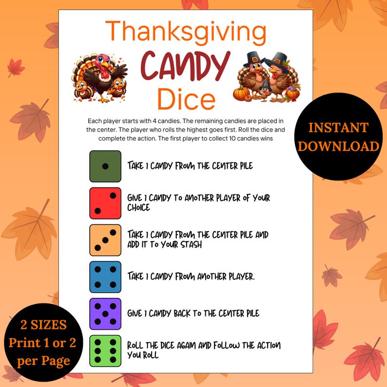 Thanksgiving Candy Dice Game Printable, Fun Family Thanksgiving Game ...